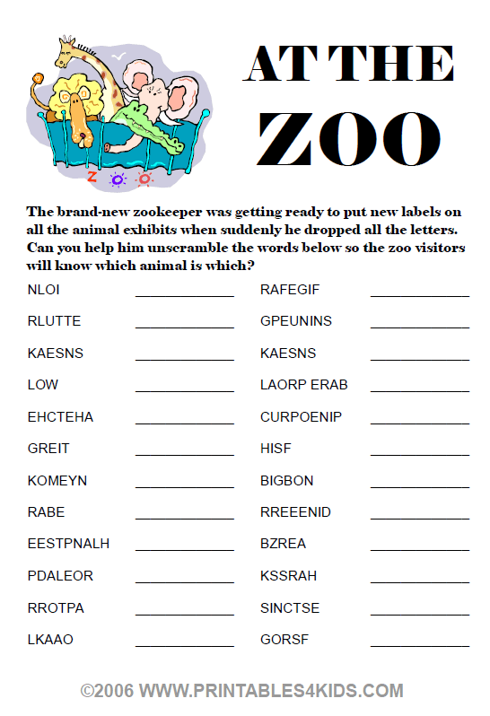 At The Zoo Word Scramble Printables For Kids Free Word Search 