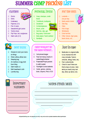 Printable Summer Camp Packing List – Printables for Kids – free word ...